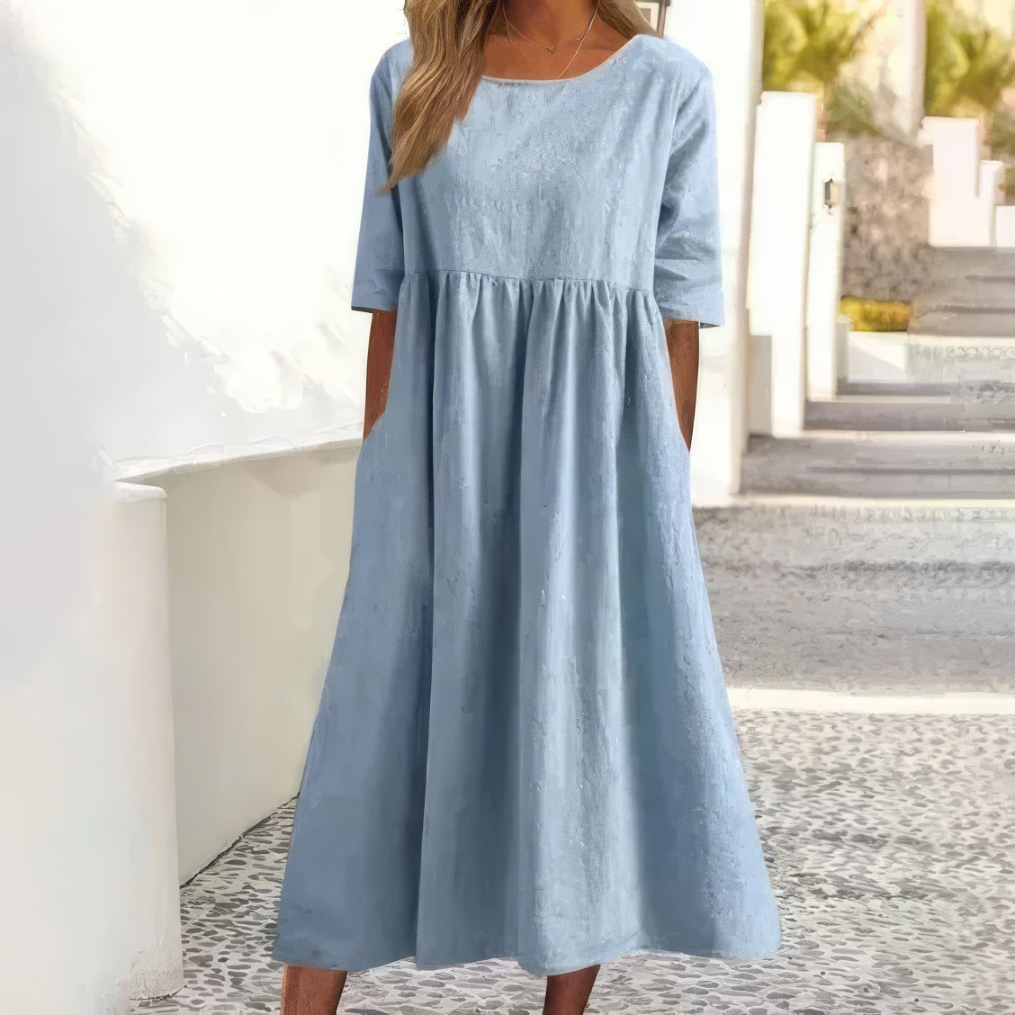 Maikee - Vestido De Algodón Con Cuello Redondo y Bolsillos – Rojas-Santiago